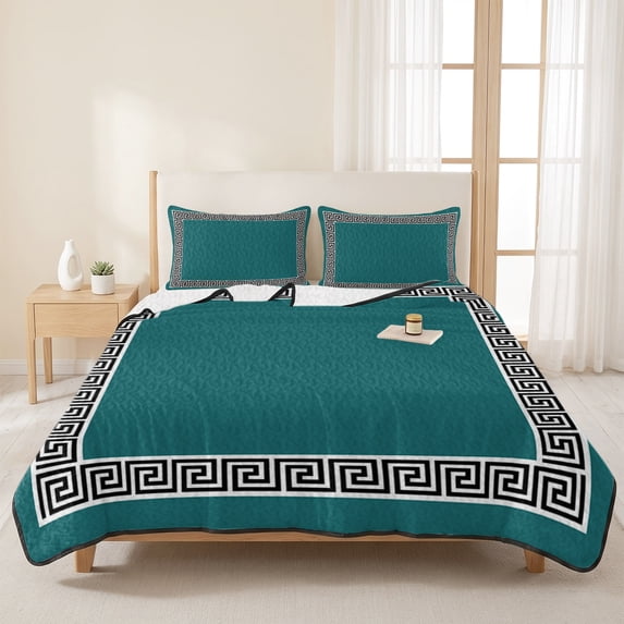 3 Pieces Queen Quilt Set,Greek Abstract Inspired Key Pattern Soft ...