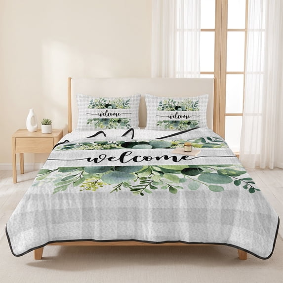 3 Pieces Queen Quilt Set,Green Eucalyptus Leaves Soft Bedding Sets with ...