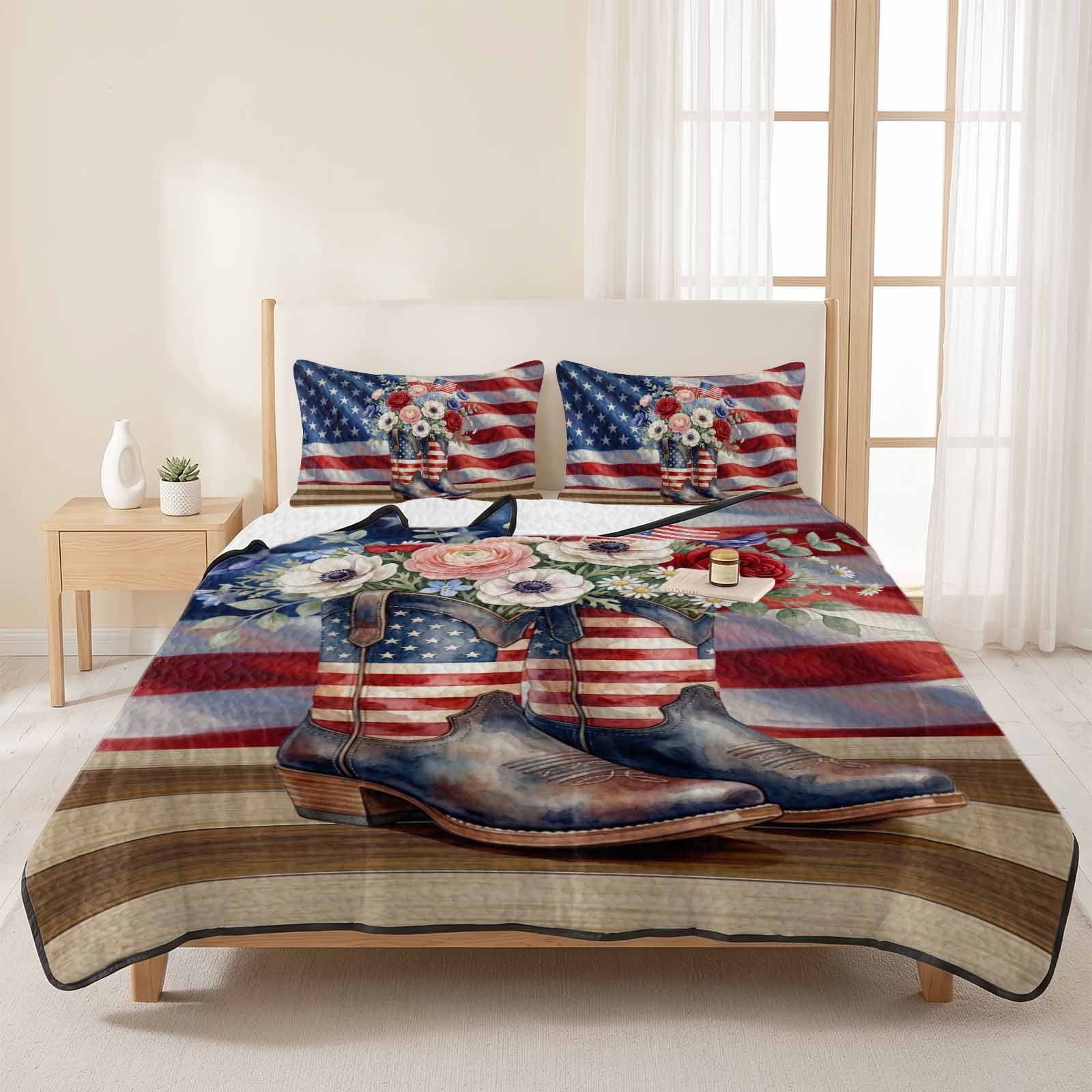3 Pieces Queen Quilt Set,Independence Day Star Striped Flag Soft ...