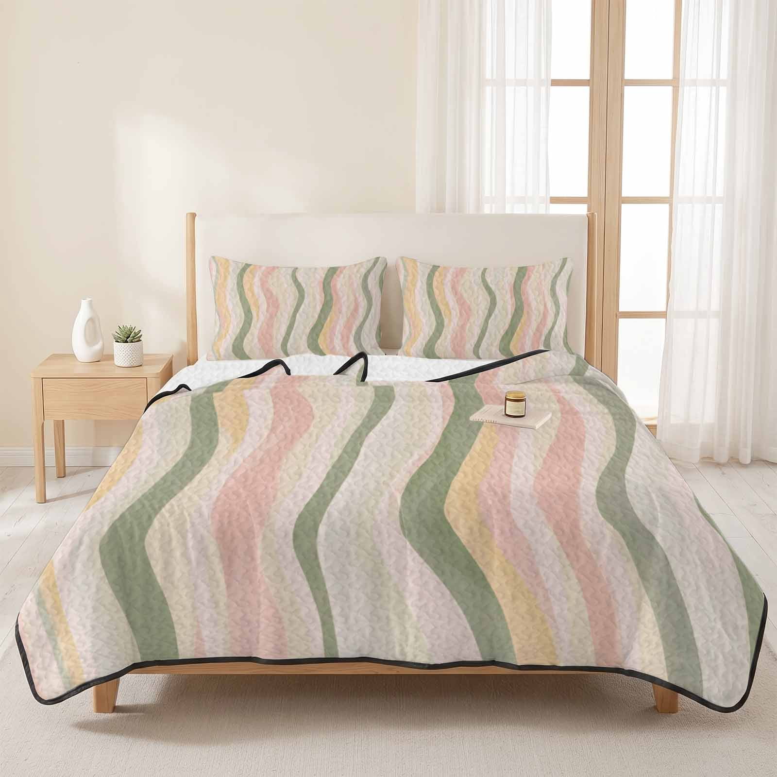 3 Pieces Queen Quilt Set,Light Green Pink Stripes Soft Bedding Sets ...