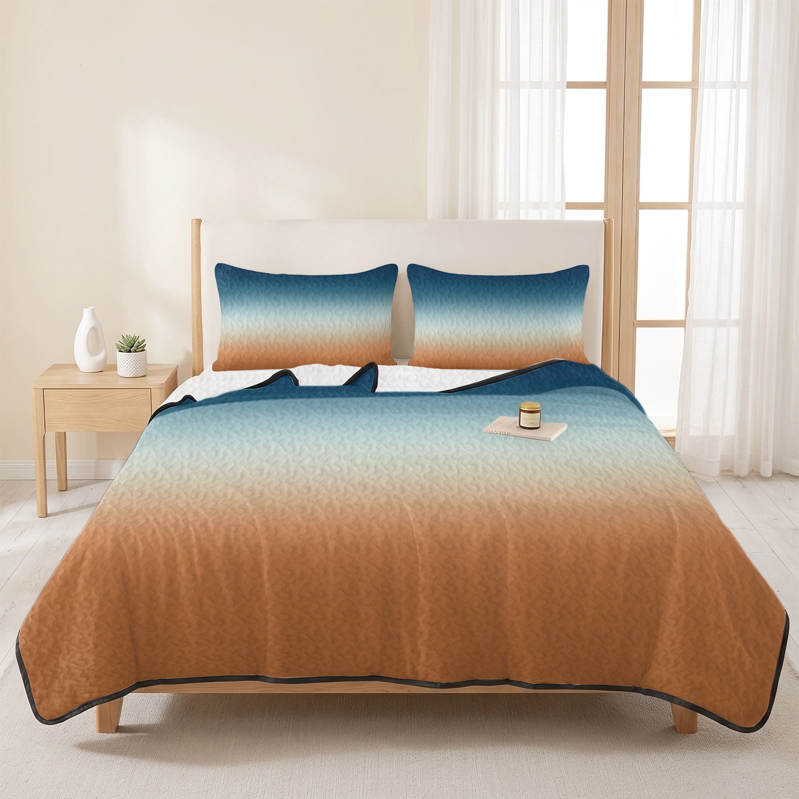 3 Pieces Queen Quilt Set,Orange Blue Gradient Soft Bedding Sets with 1 ...
