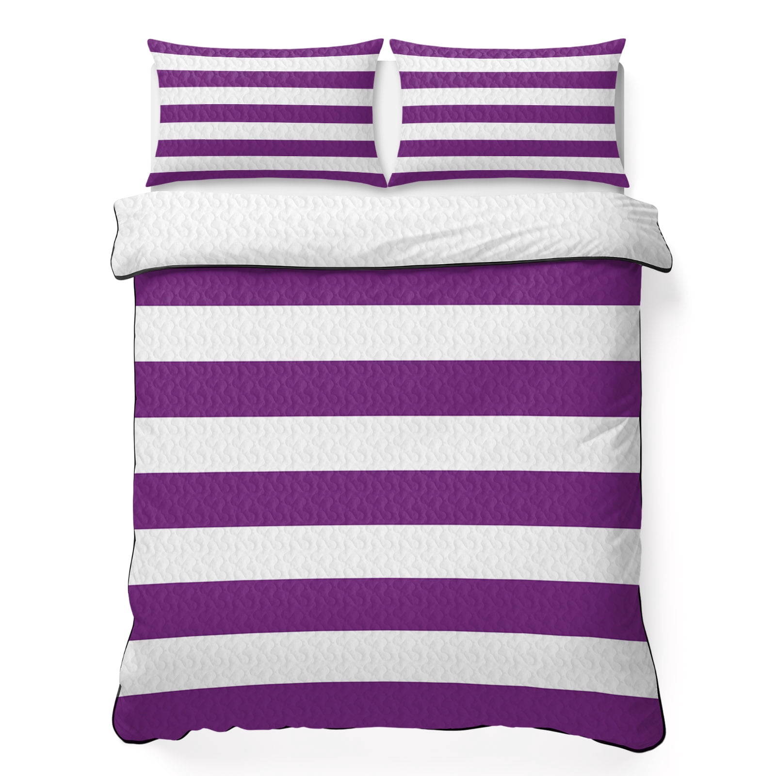 3 Pieces Queen Quilt Set,Purple and White Stripes Pattern Soft Bedding ...