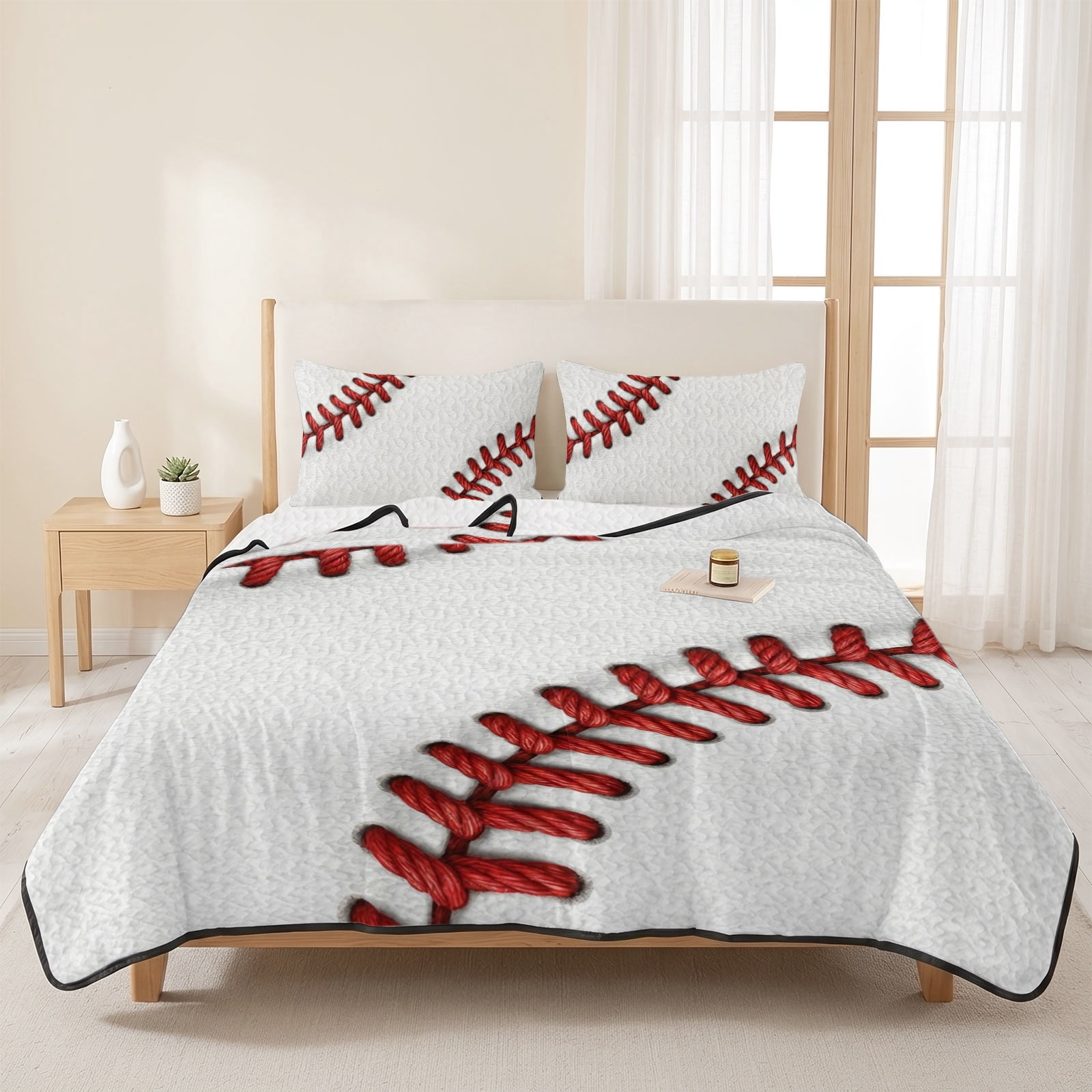 3 Pieces Queen Quilt Set,Red White Baseball Stitching Texture Soft ...