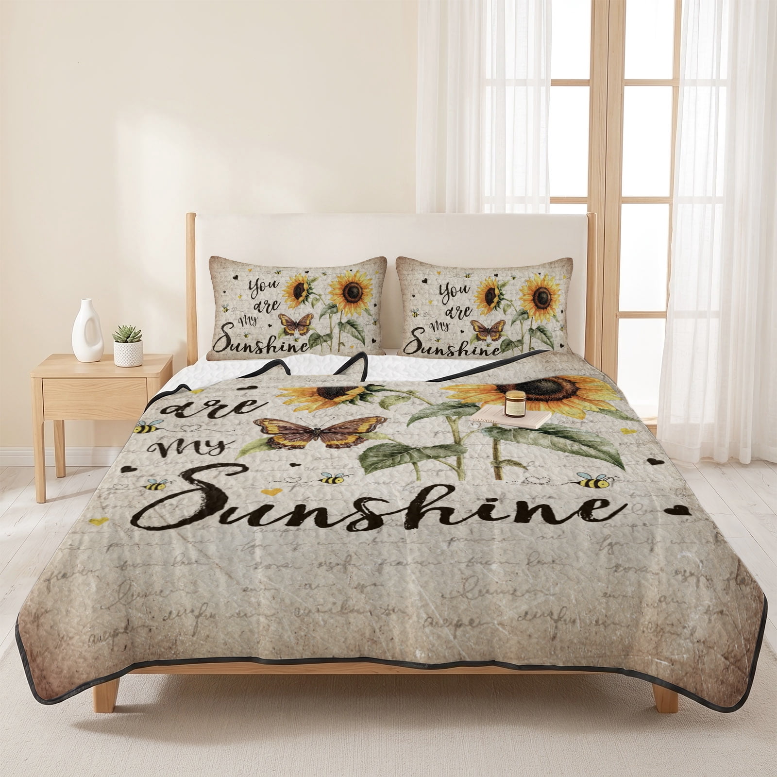 3 Pieces Queen Quilt Set,Retro Sunflower Sunshine Quote Soft Bedding ...