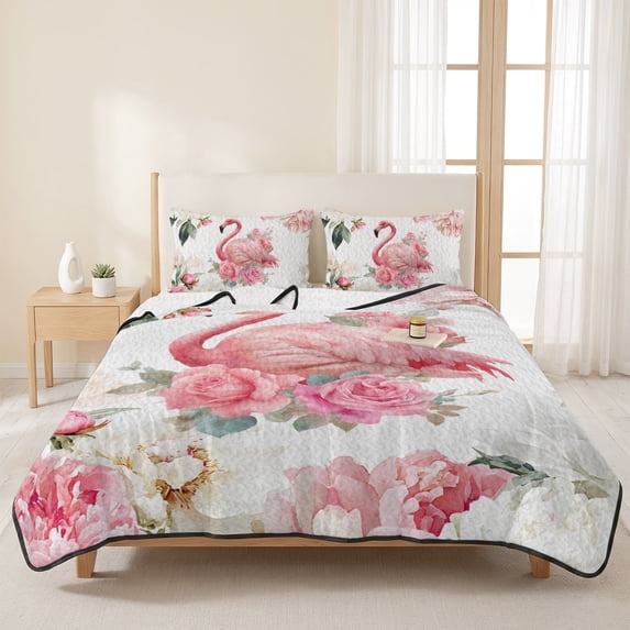 3 Pieces Queen Quilt Set,Spring Flower Pink Flamingo Soft Bedding Sets ...