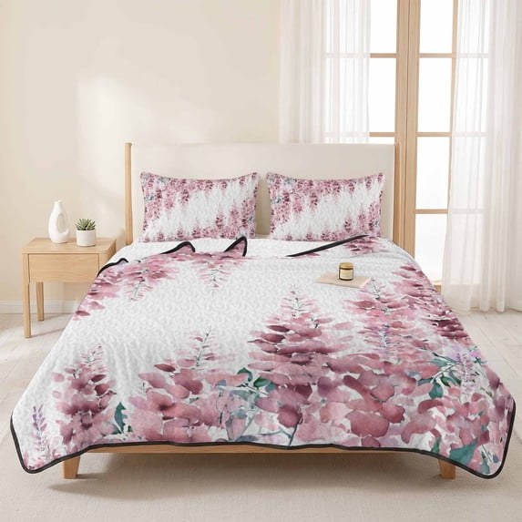 3 Pieces Queen Quilt Set,Spring Pink Flower Leaf Soft Bedding Sets with ...