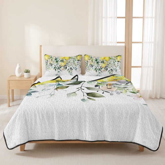 3 Pieces Queen Quilt Set,Spring Watercolor Lemon Flower Soft Bedding ...