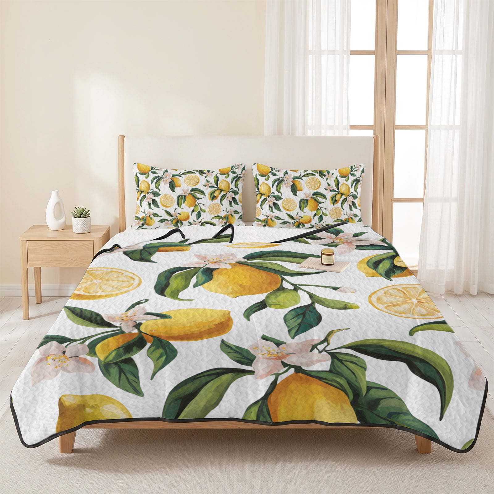 3 Pieces Queen Quilt Set,Summer Lemon Flower Soft Bedding Sets with 1 ...