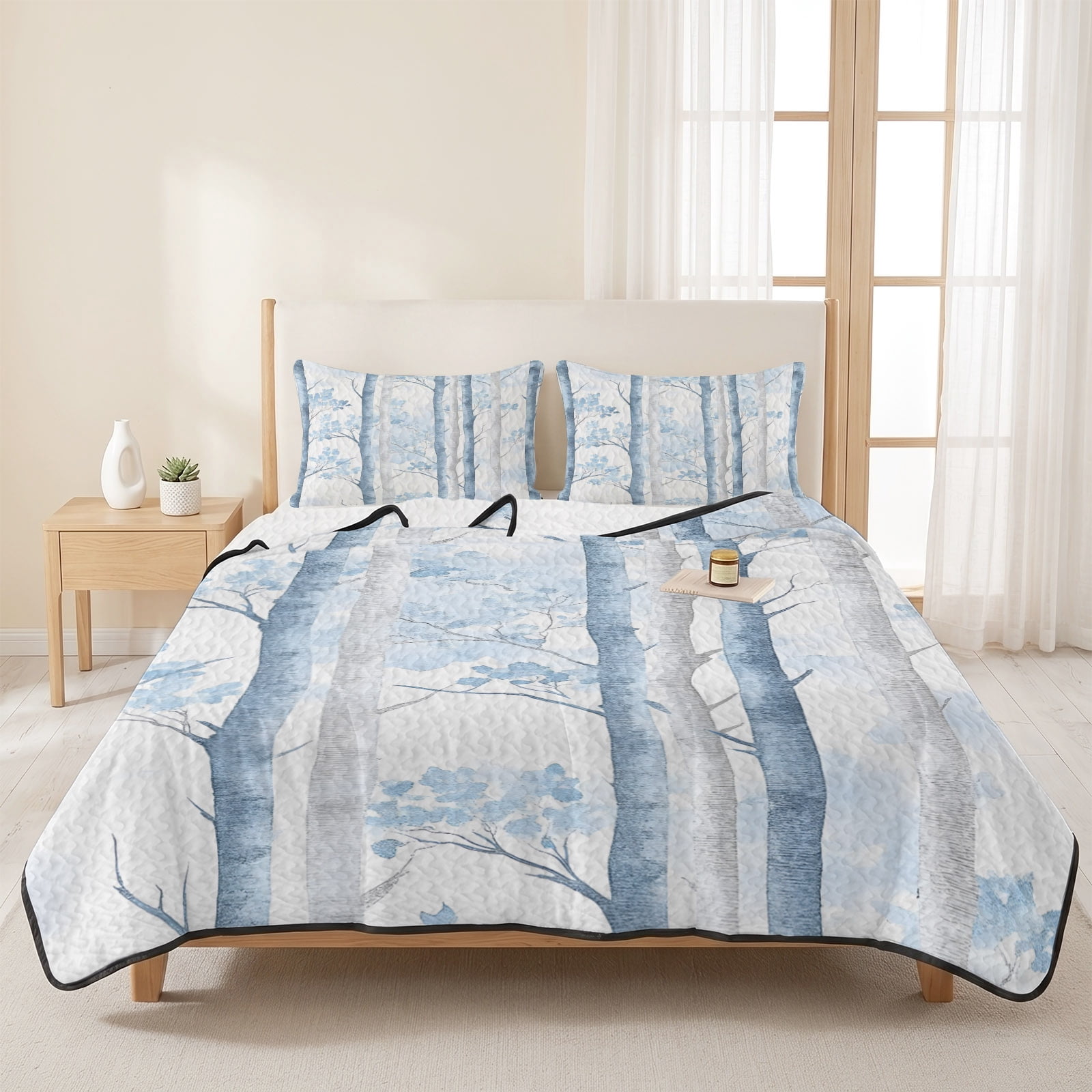 3 Pieces Queen Quilt Set,Watercolor Blue Trees Leaves Soft Bedding Sets ...