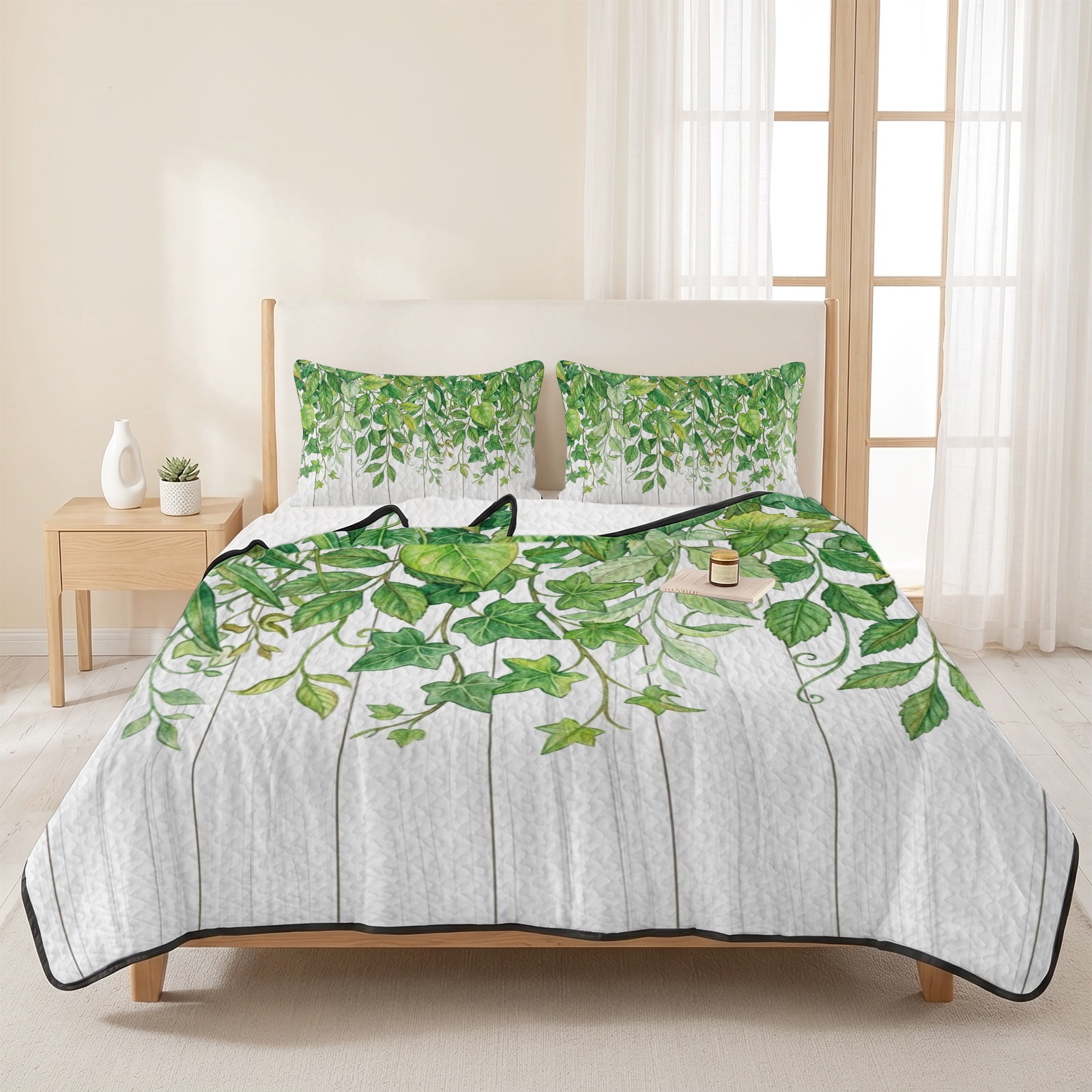 3 Pieces Queen Quilt Set,Watercolor Green Leaves Farm Wood Soft Bedding ...