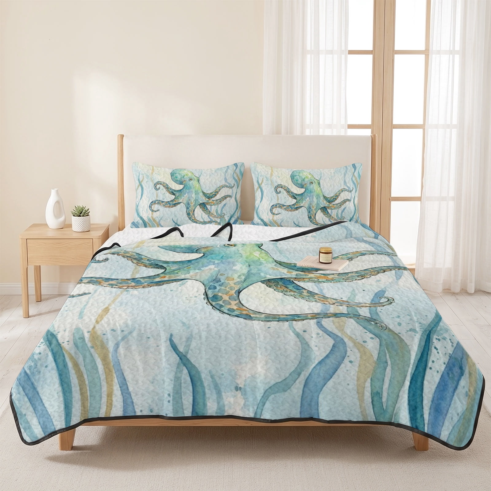 3 Pieces Queen Quilt Set,Watercolor Sea Octopus Coral Soft Bedding Sets ...