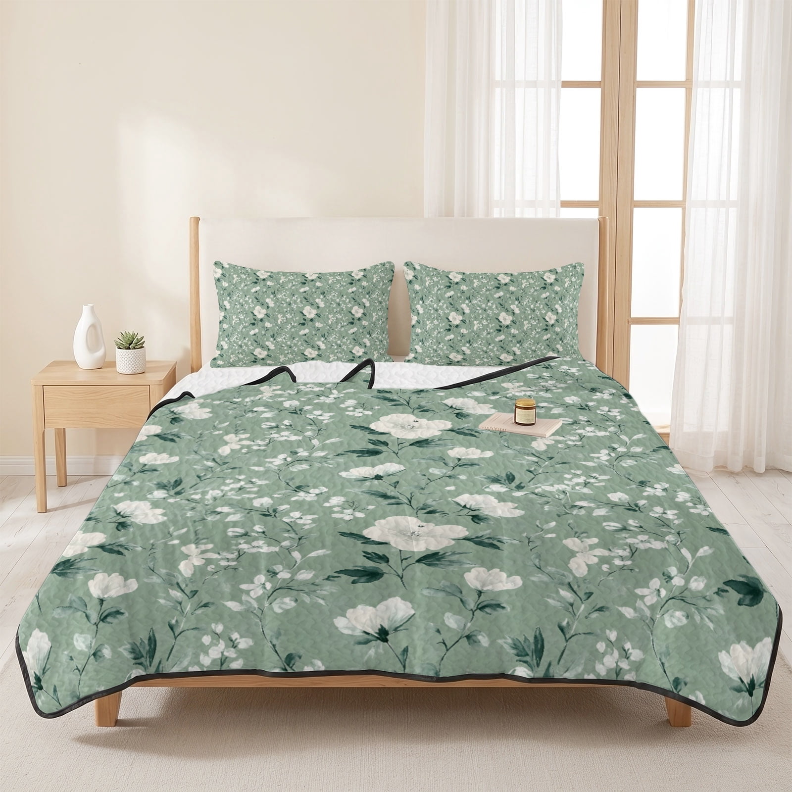 3 Pieces Queen Quilt Set,Watercolor White Camellia Soft Bedding Sets ...