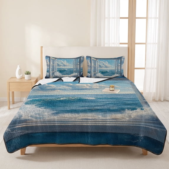 3 Pieces Queen Quilt Set,Window Blue Sky Sea Wave Nautical Soft Bedding ...