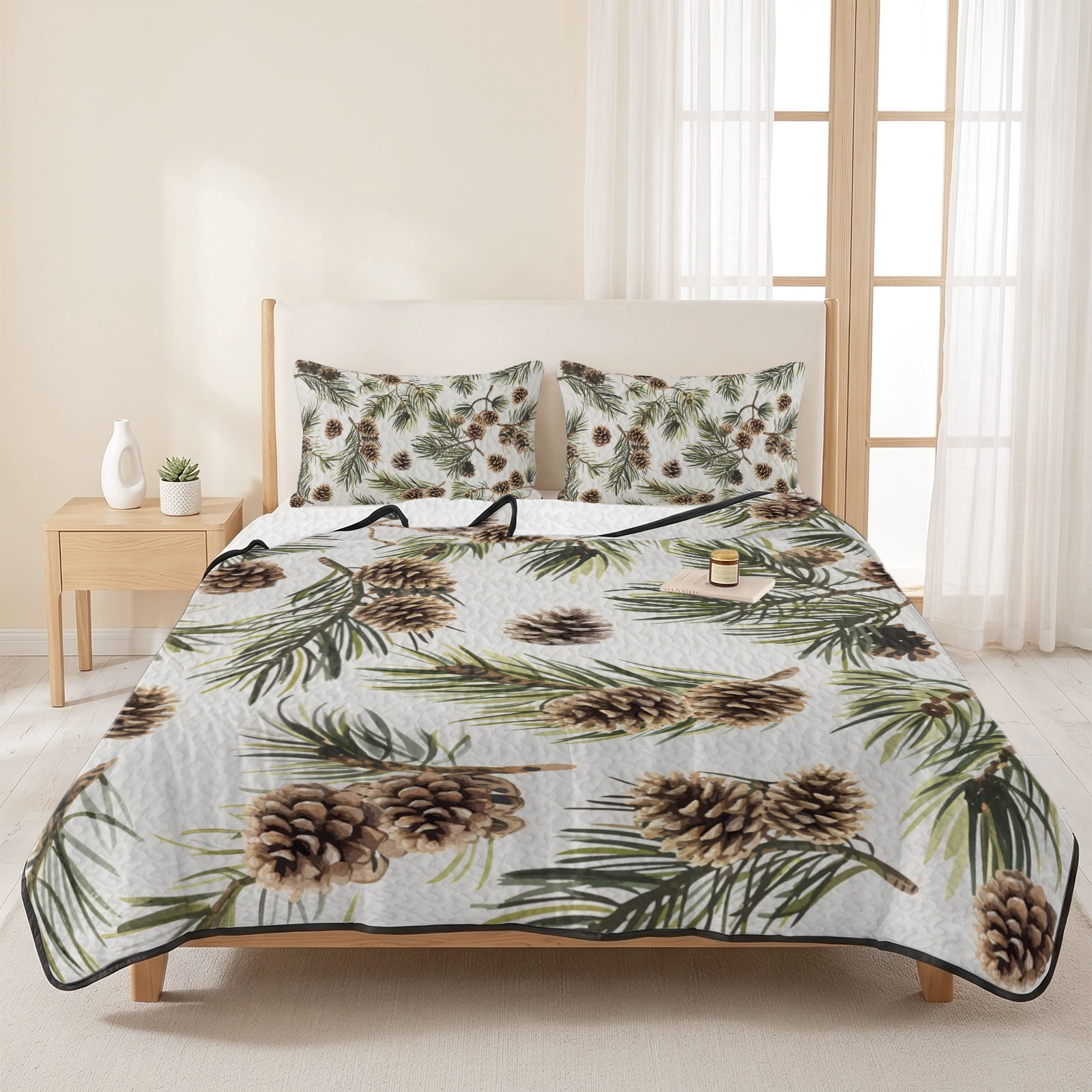 3 Pieces Queen Quilt Set,Winter Pine Cone Leaf Soft Bedding Sets with 1 ...