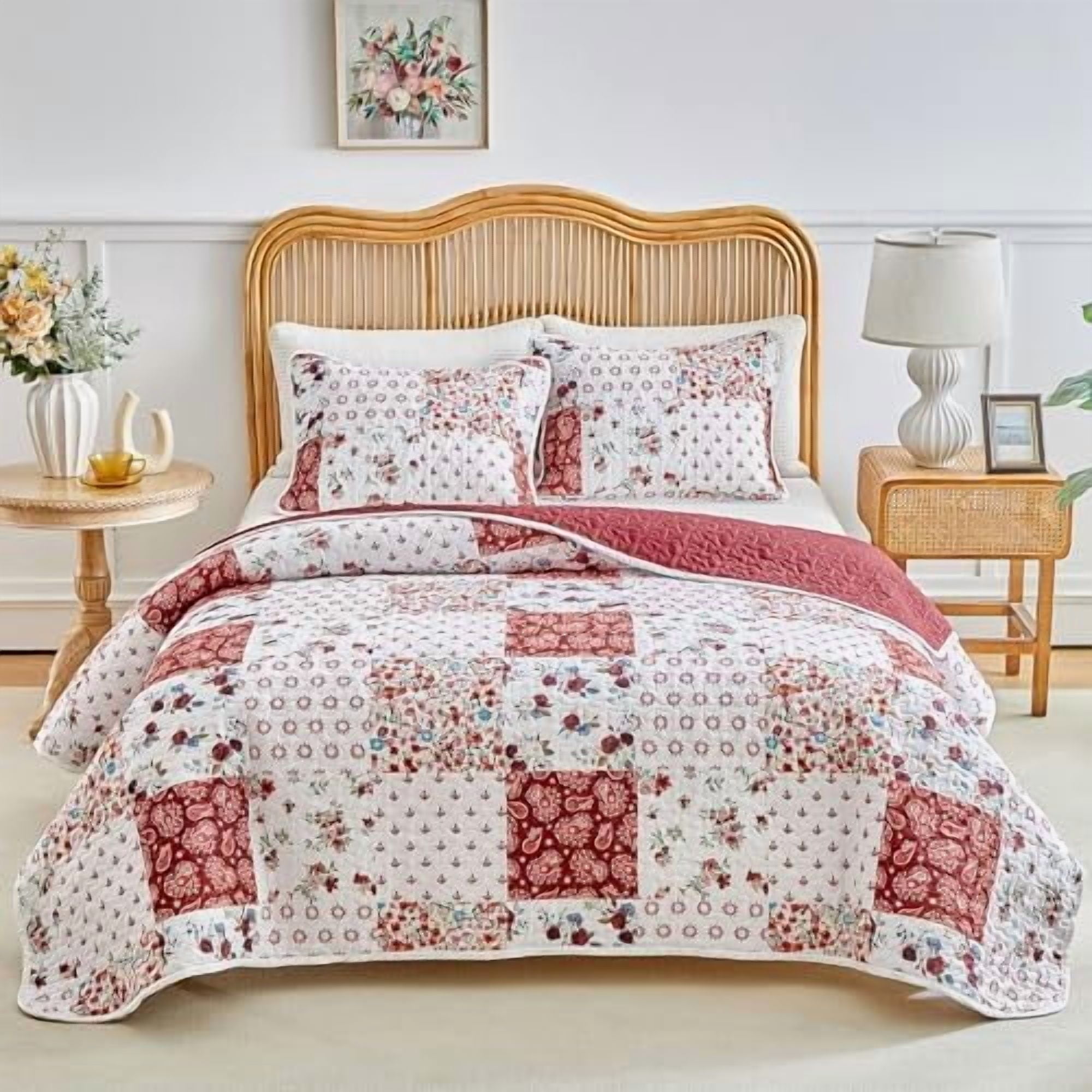 3 Pieces Quilt Set California King, 102x114 inches- Floral Patchwork ...