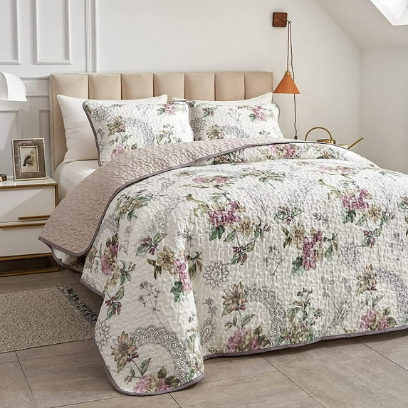 3 Pieces Quilt Set California King Size, Beige Floral Reversible ...