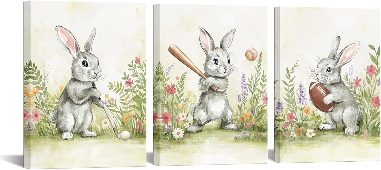 3 Pieces Rabbit Playing Sports Canvas Wall Hieng Nursery Decor for Golf ...