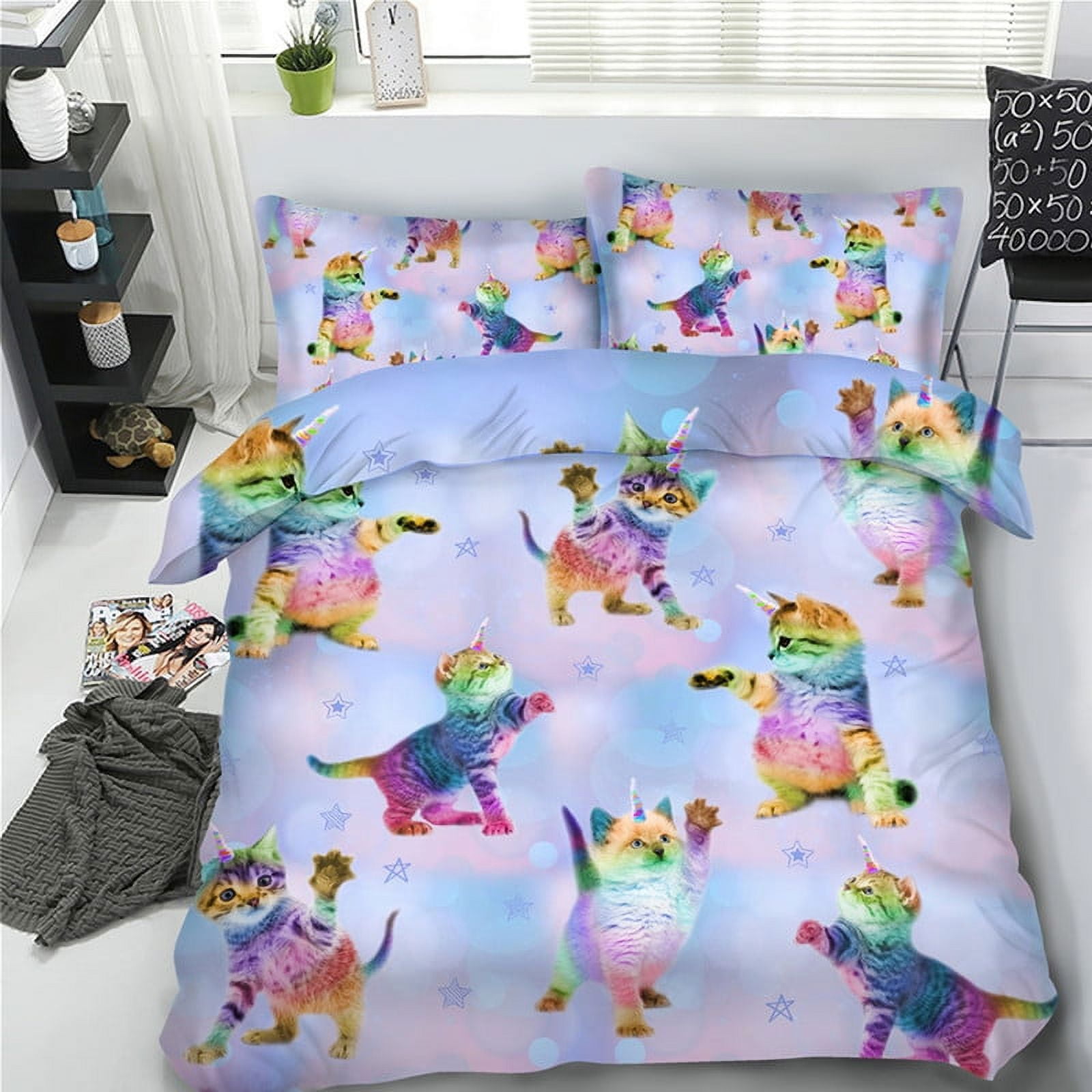 3 Pieces Rainbow Unicorn Kitten Comforter Set Twin Size for Girls, 3d ...
