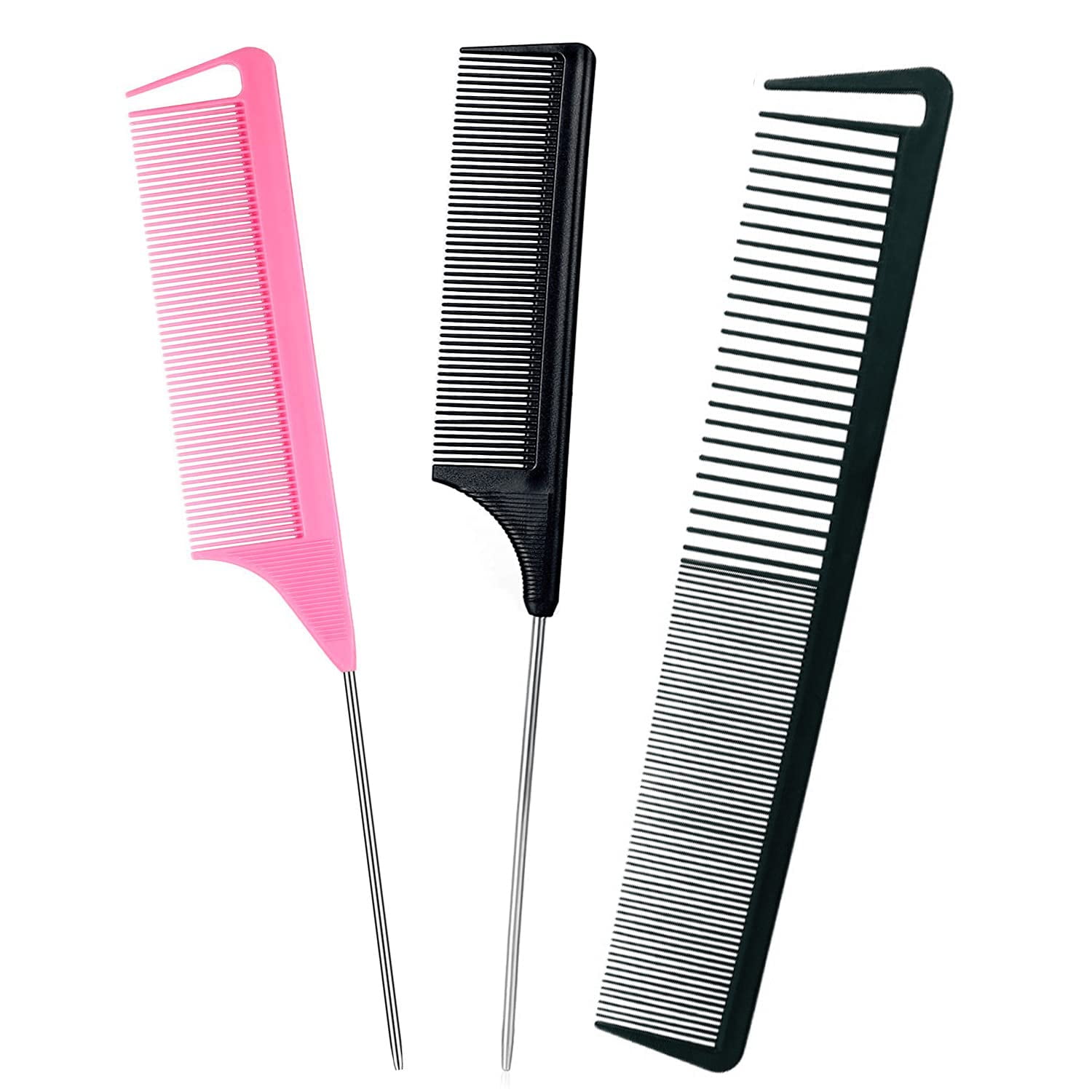 3 Pieces Rattail Comb Carbon Fiber Teasing Combs Stainless Steel ...