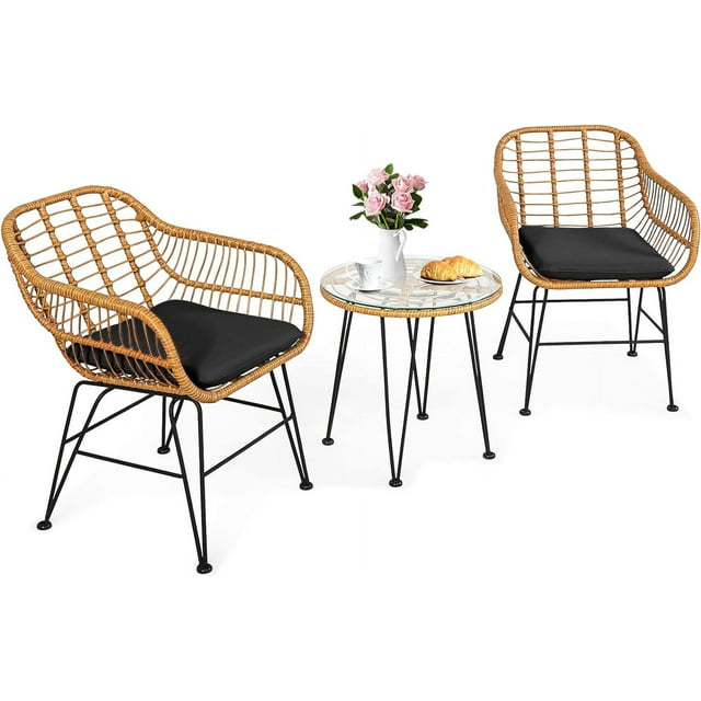 3 Pieces Rattan Bistro Set with Steel Frame Round Coffee Table, Soft ...