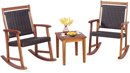 3 Pieces Rocking Bistro Set Acacia Wood Patio Rocking Chairs with ...