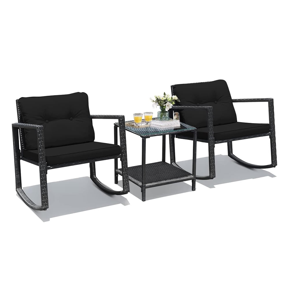 3 Pieces Rocking Bistro Set, Outdoor Conversation Set with Soft Cushion ...