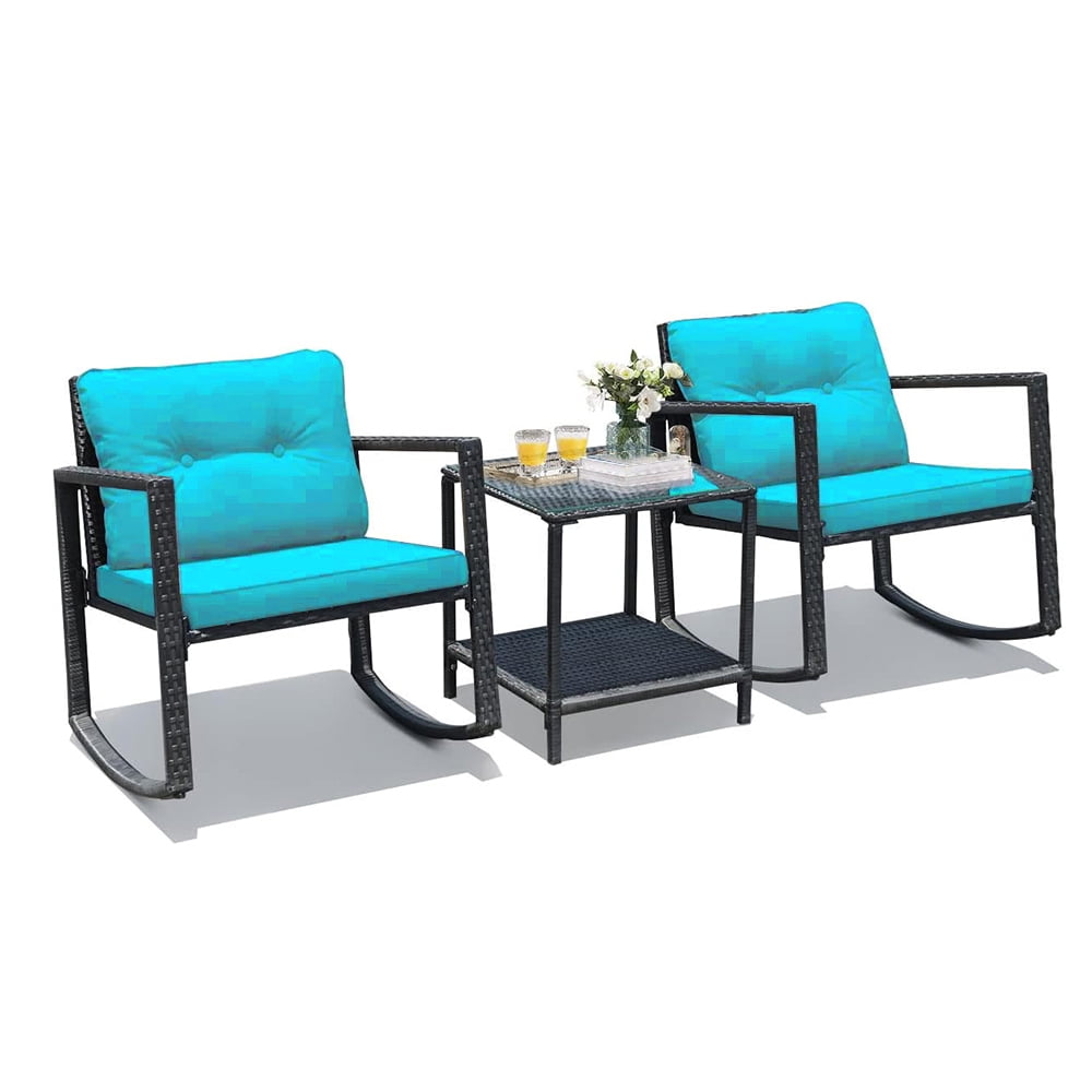 3 Pieces Rocking Bistro Set, Outdoor Conversation Set with Soft Cushion ...
