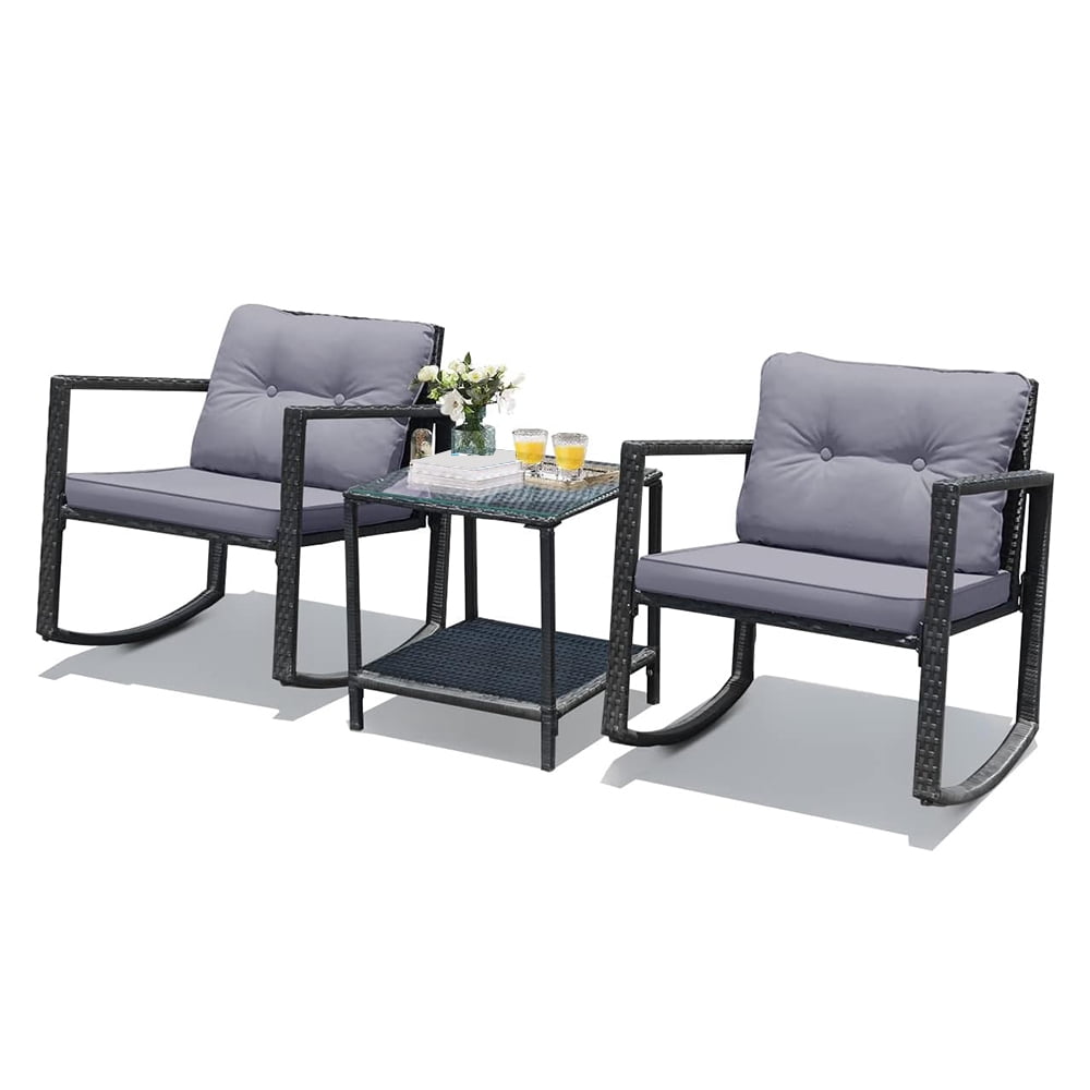 3 Pieces Rocking Bistro Set, Outdoor Conversation Set with Soft Cushion ...
