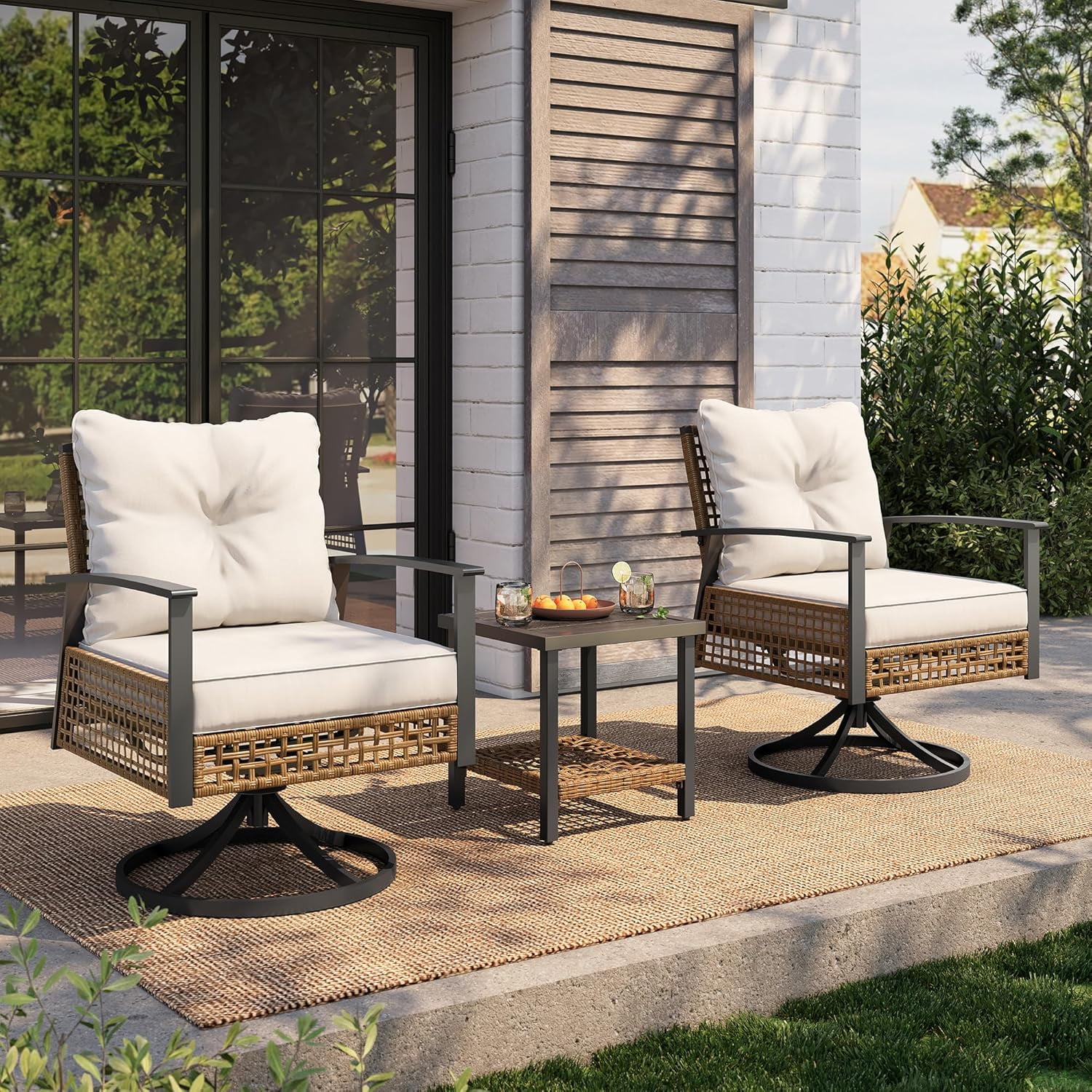 3 Pieces Rocking Bistro Set, Wicker Patio Bistro Set with 2 Rocking ...