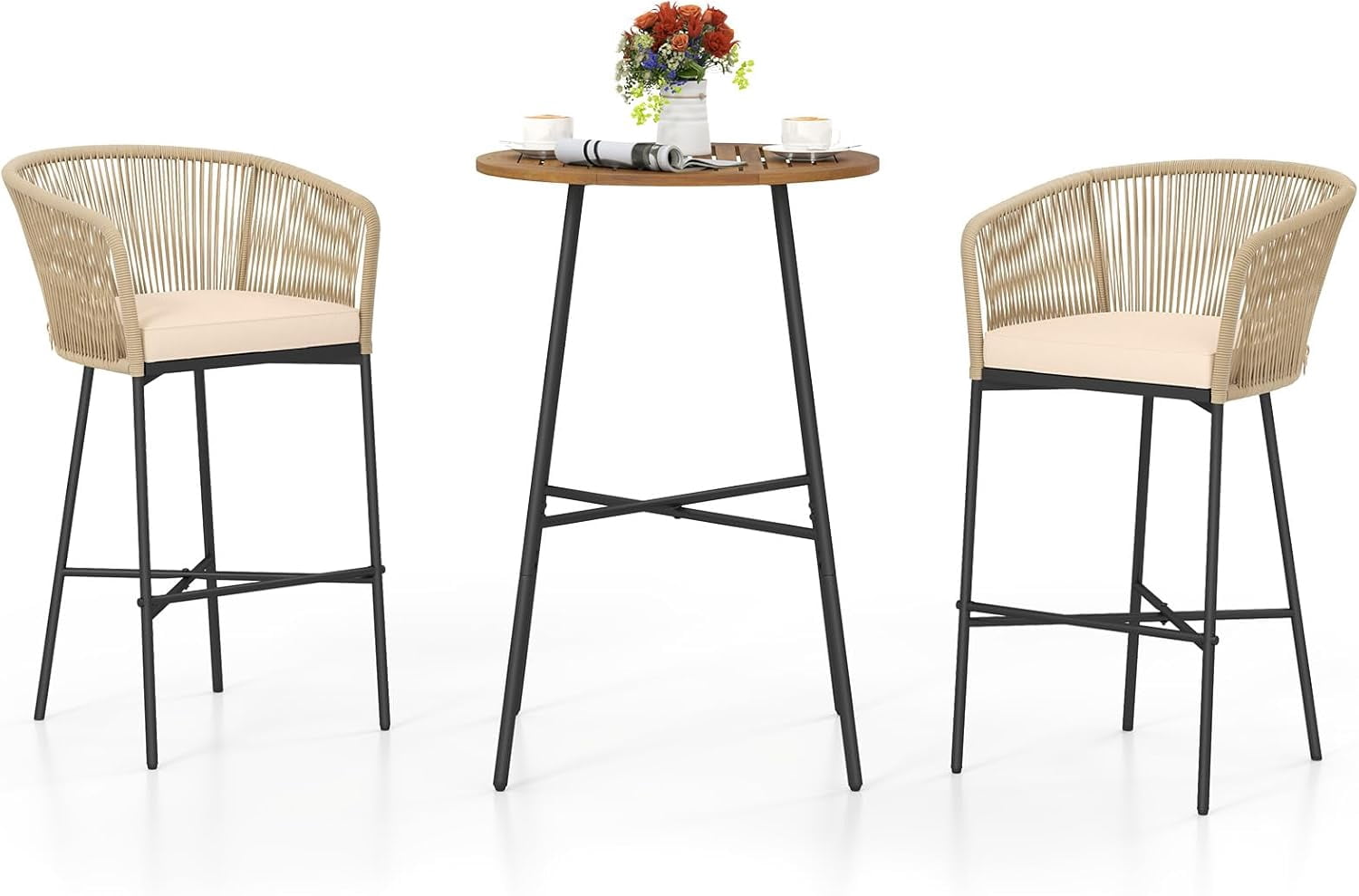 3 Pieces Rope Woven Patio Bar Set, Outdoor High Table and Chairs Set ...