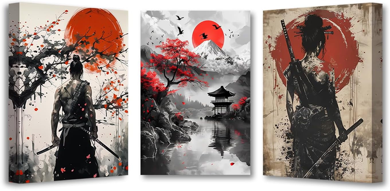 3 Pieces Samurai Canvas Wall Art Japan Samurai and Full Moon Pictures ...