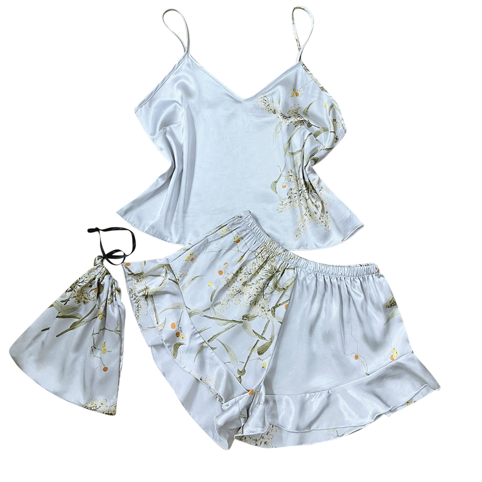 3 Pieces Satin Pajama Set, Women's Soft Silk Floral Print V-neck ...