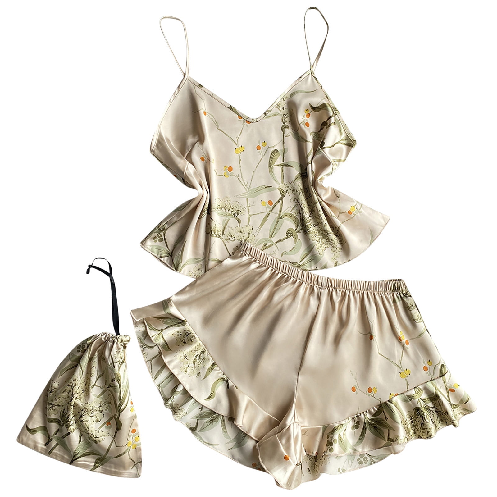 3 Pieces Satin Pajama Set, Women's Soft Silk Floral Print V-neck ...