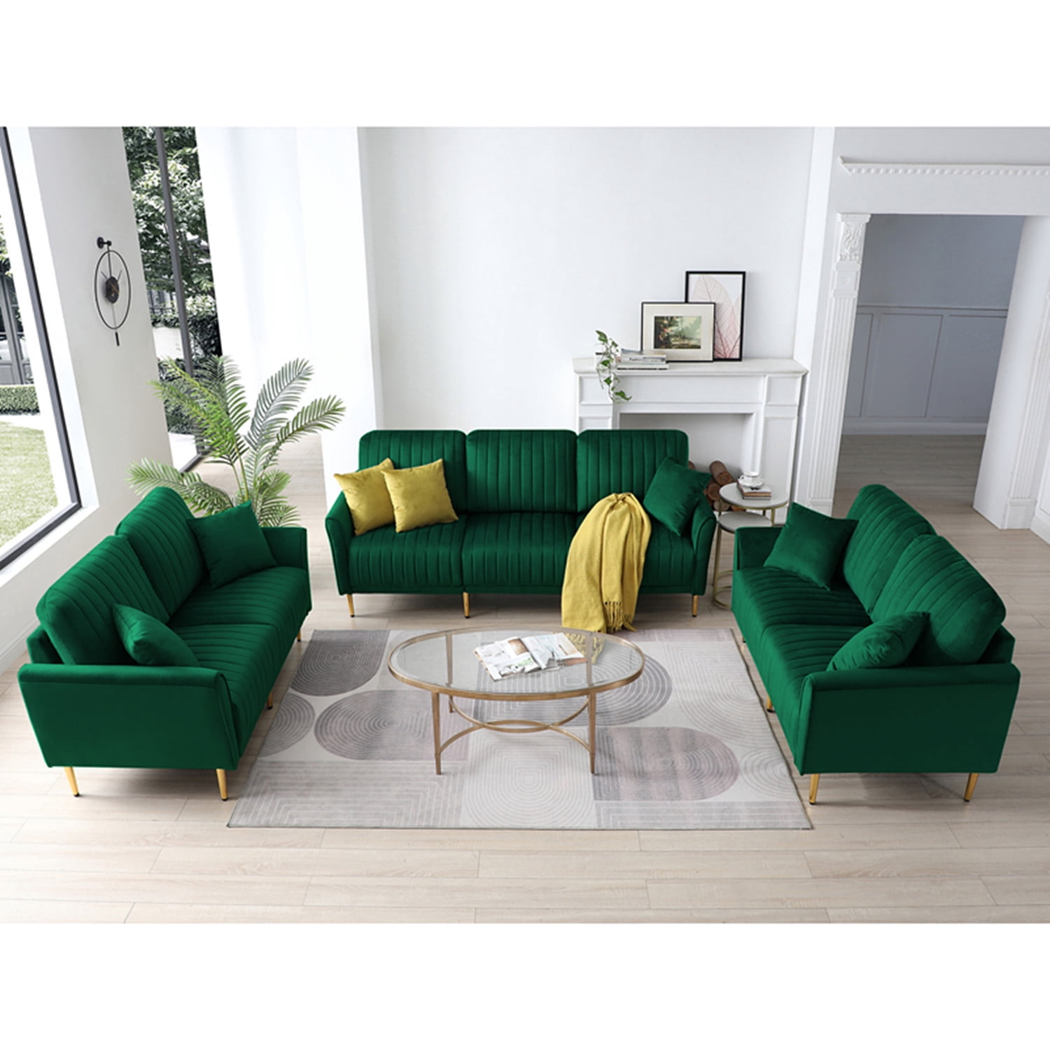 3 Pieces Sectional Sofa Set, Modern Velvet Tufted Upholstered Sofa ...