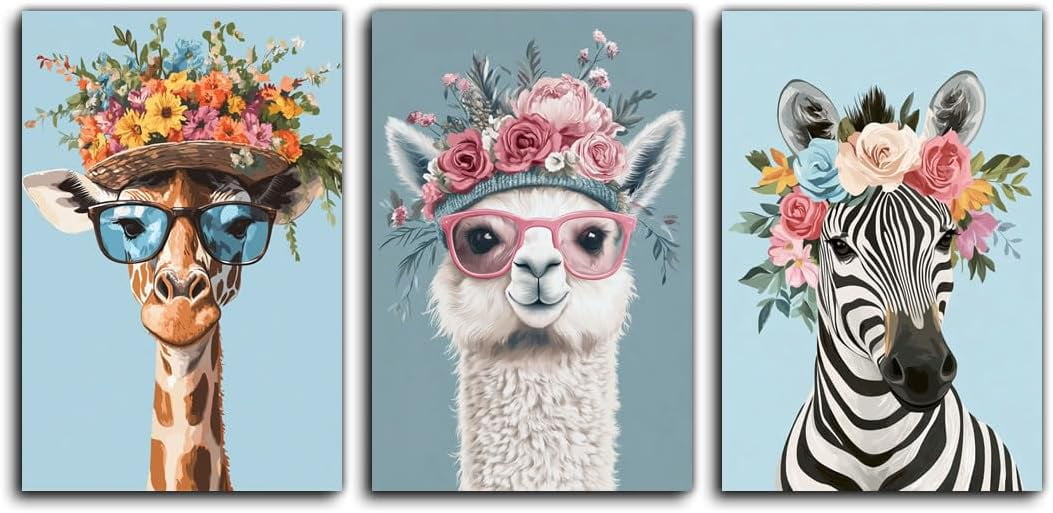 3 Pieces Set Funny Animals Canvas Wall Art Print - Framed Modern ...