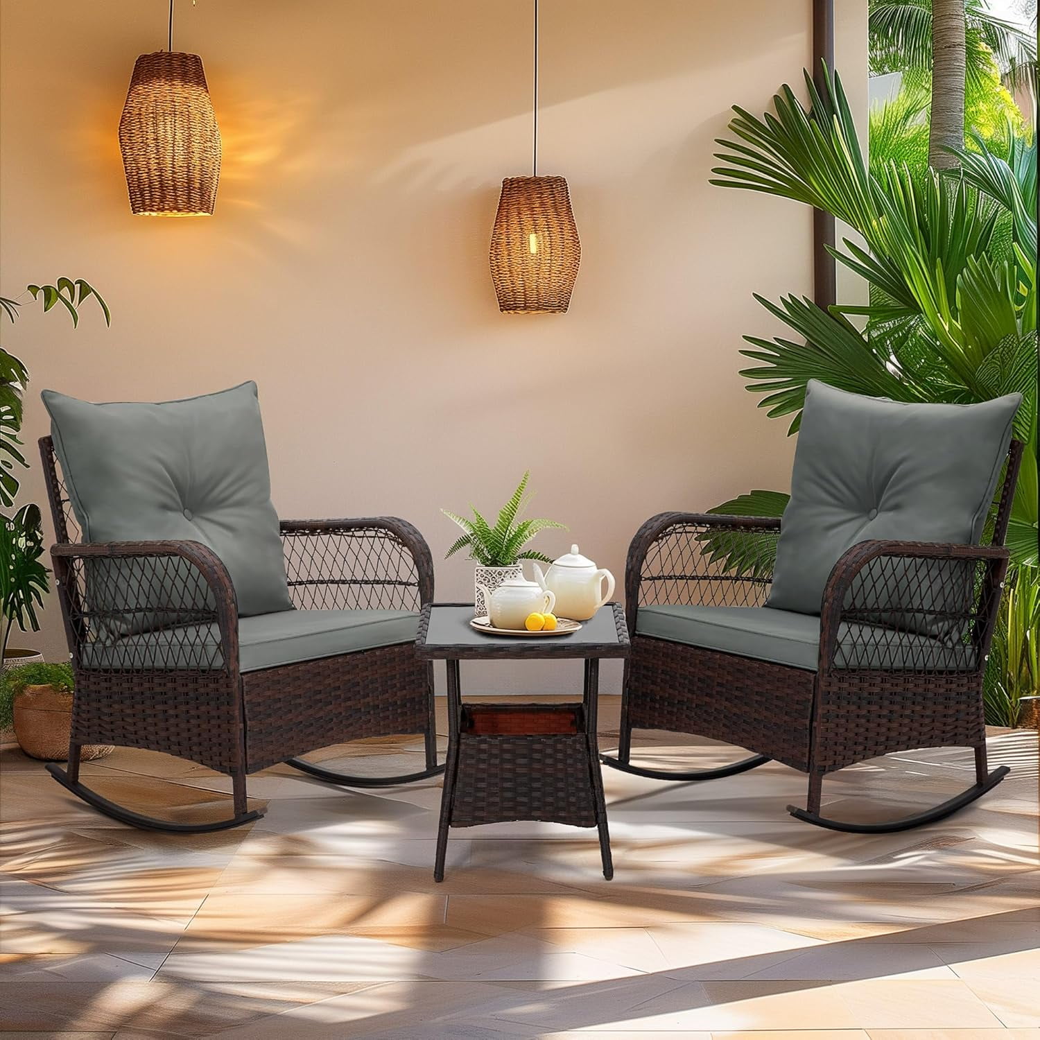 3 Pieces Set Outdoor Swivel Rocker Chairs with Thick Cushions and 2 ...