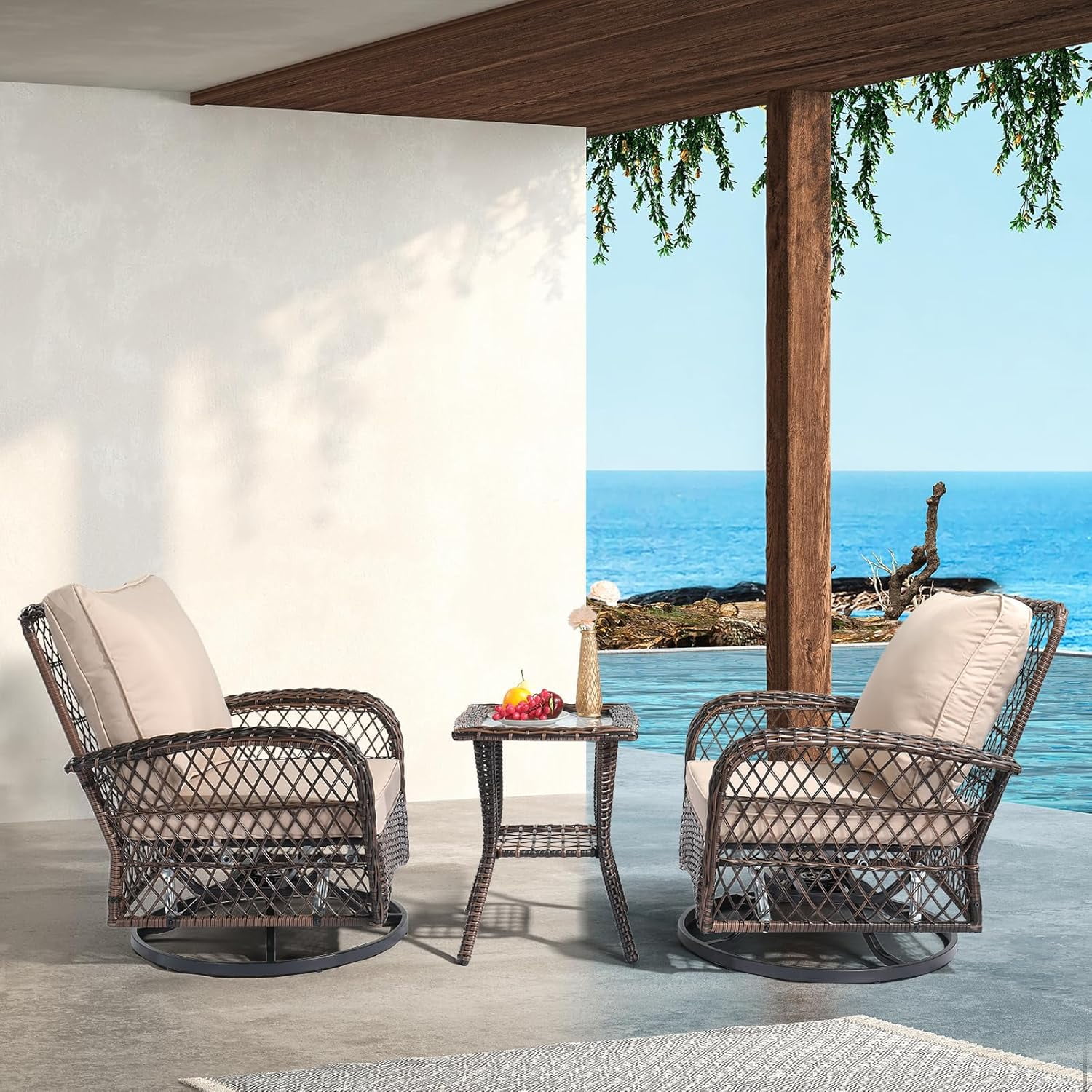 3 Pieces Set Outdoor Swivel Rocker Wicker Bistro Set with Rocking Chair ...