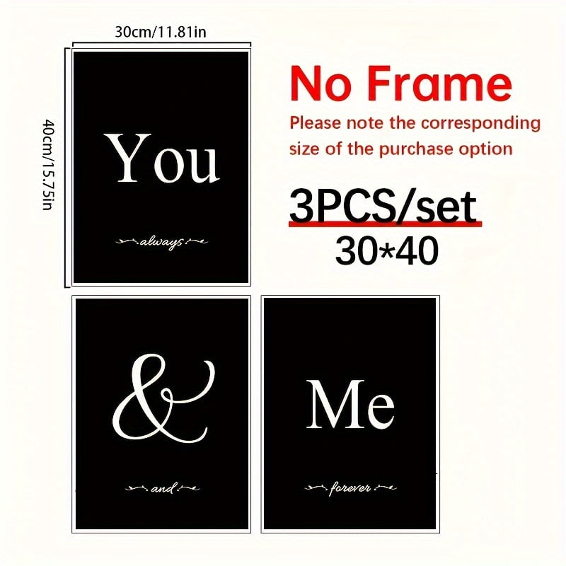 3 Pieces/Set You and Me Canvas Art Set - Modern Black and White Text ...