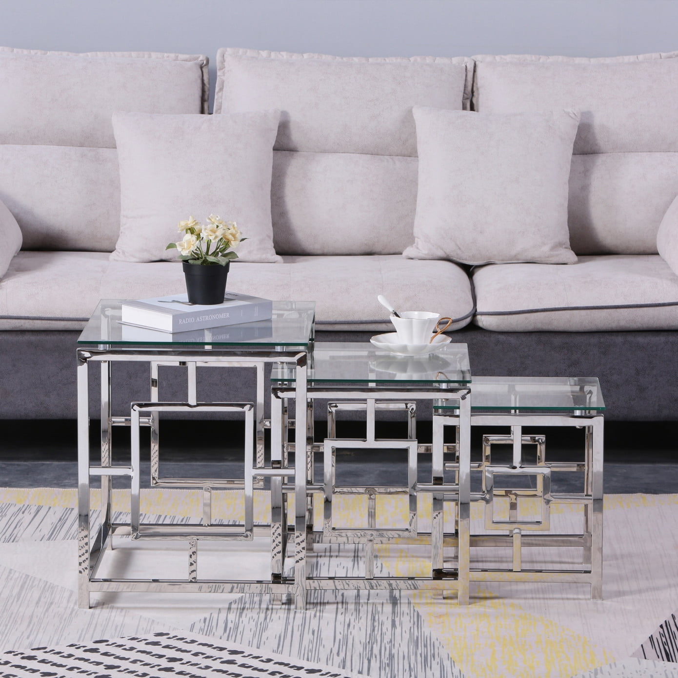 3 Pieces Square Nesting Glass End Tables,Small Coffee Table Set with ...