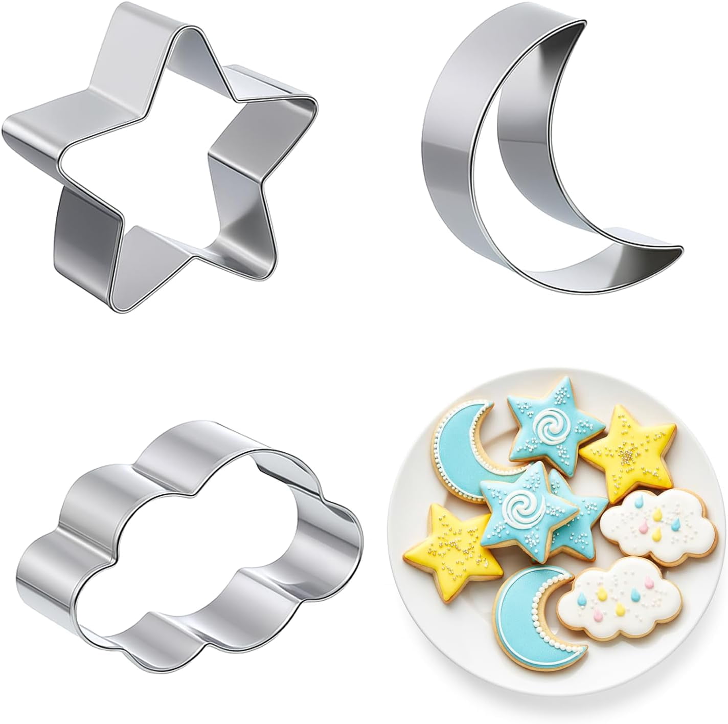 3 Pieces Star, Moon and Cloud Cookie Cutters, Stainless Steel Cute ...