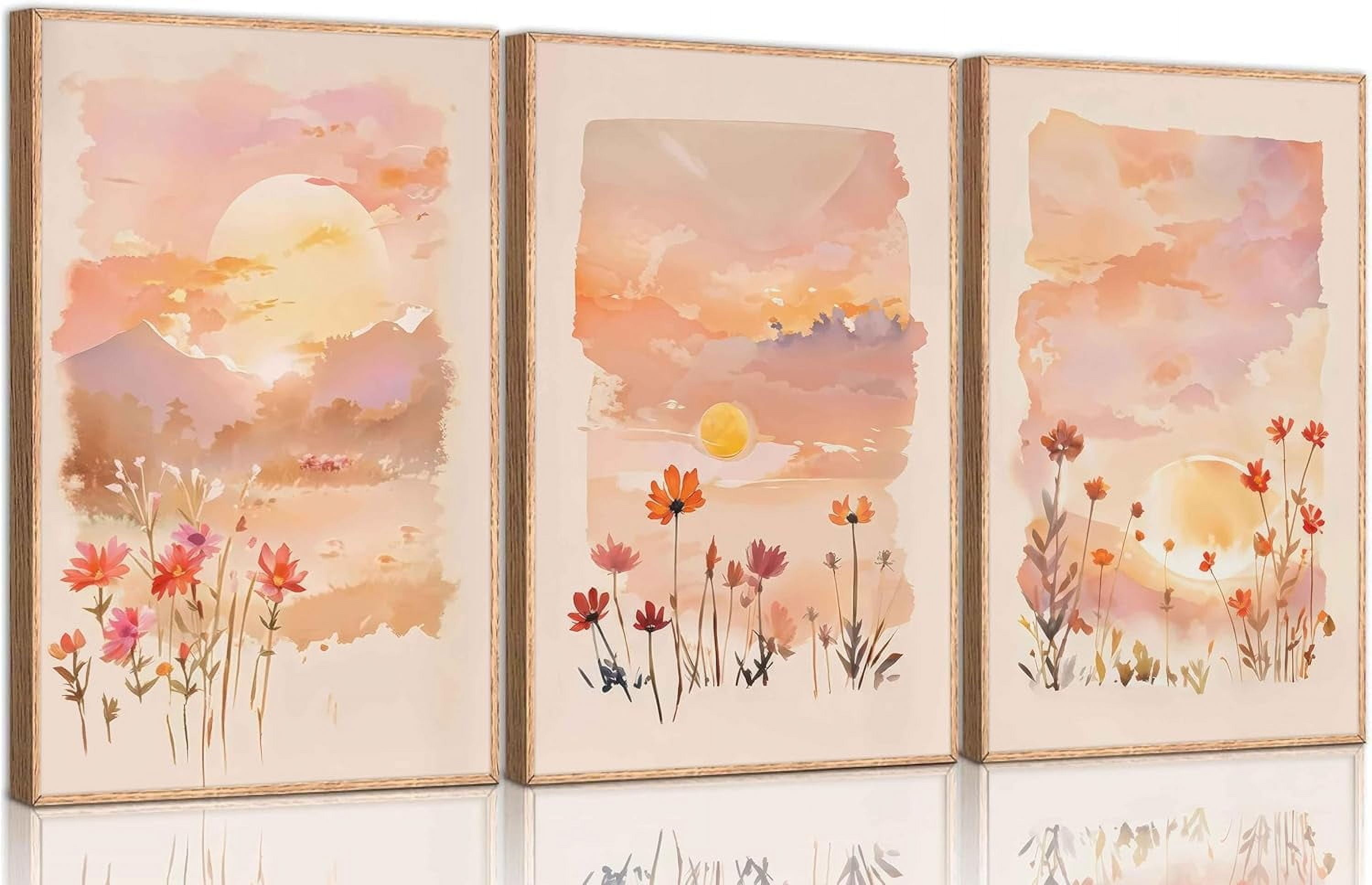3 Pieces Sunrise Canvas Wall Art Blush Pink Wildflowers Floral and ...