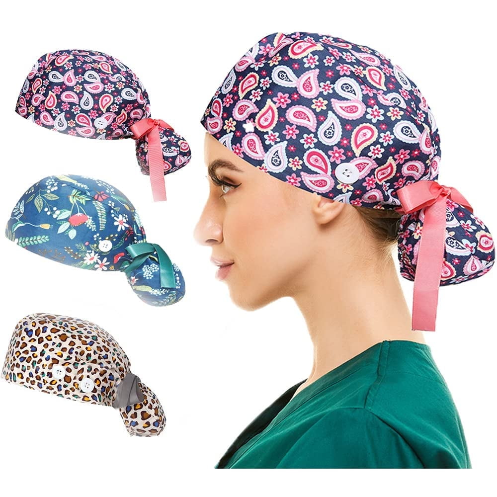 3 Pieces Surgical Hat for Women,Scrub Caps Nurse with Buttons ...