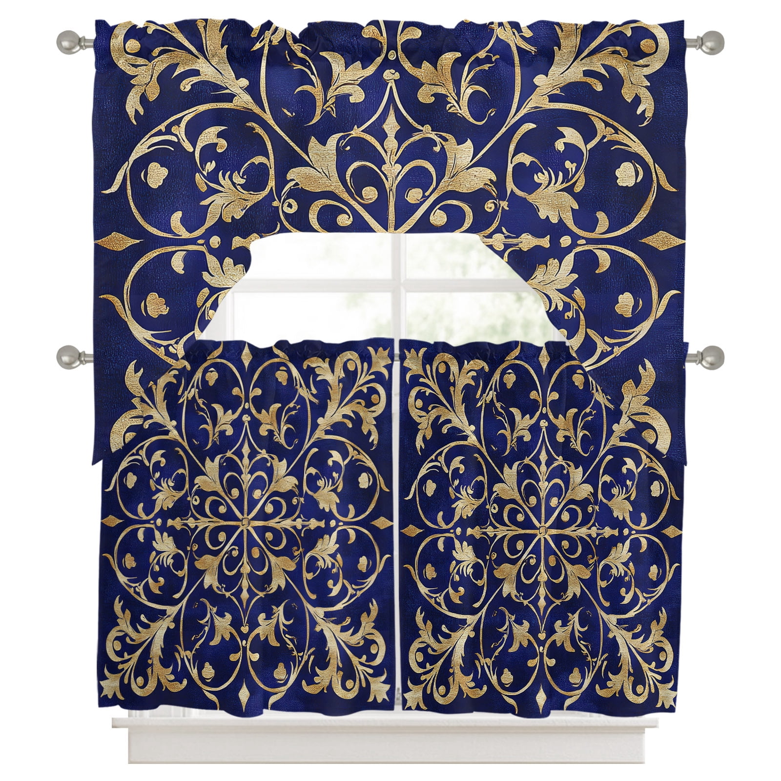 3 Pieces Swag Kitchen Curtains Set, Abstract Blue Gold Valance Swag ...