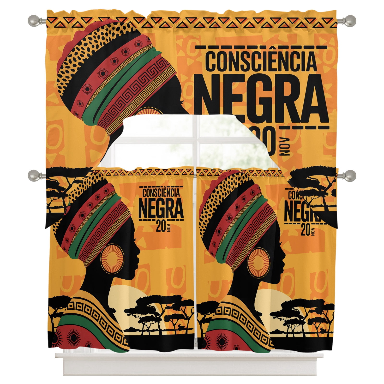 3 Pieces Swag Kitchen Curtains Set, African Women Valance Swag & Small ...