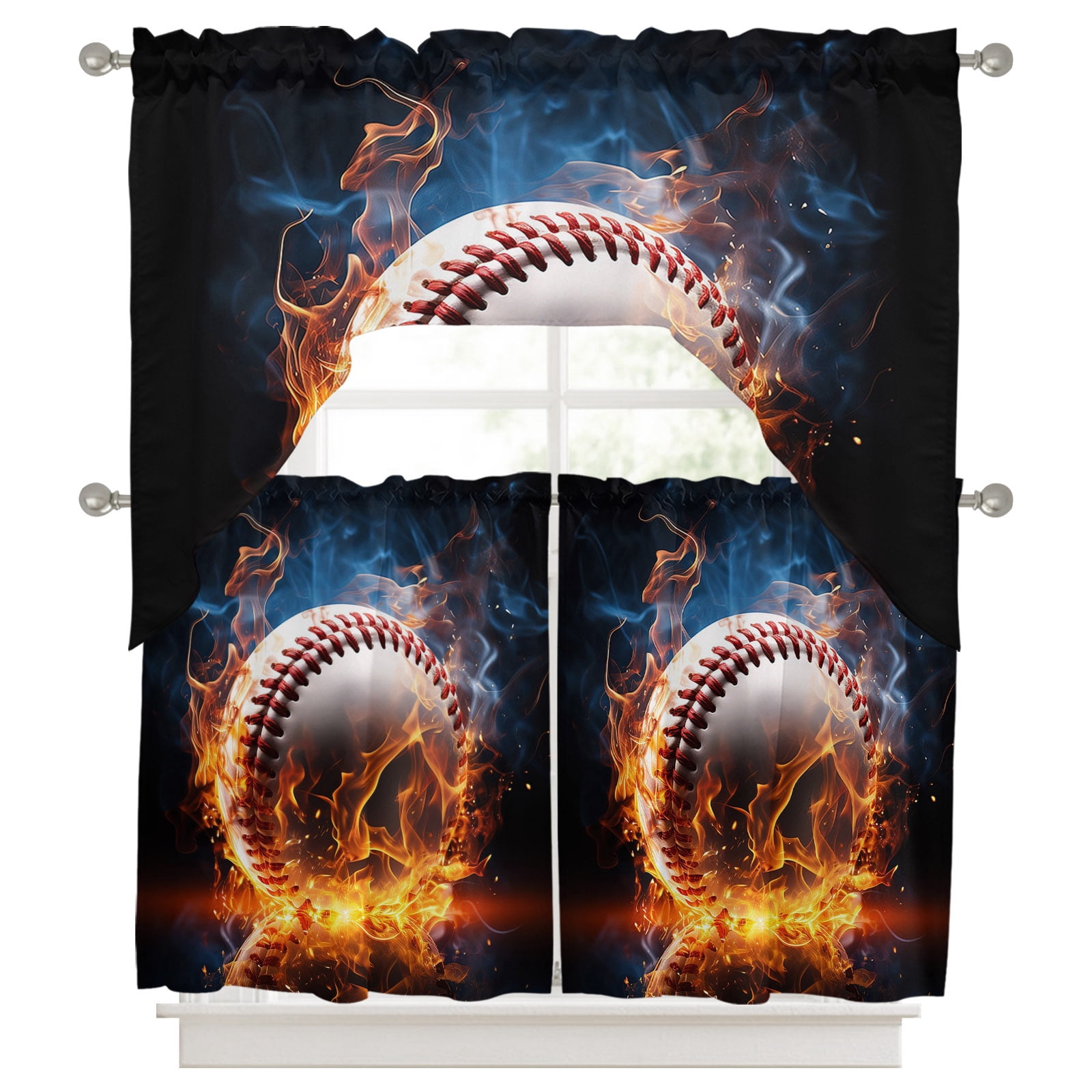3 Pieces Swag Kitchen Curtains Set, Baseball, Valance Swag & Small ...