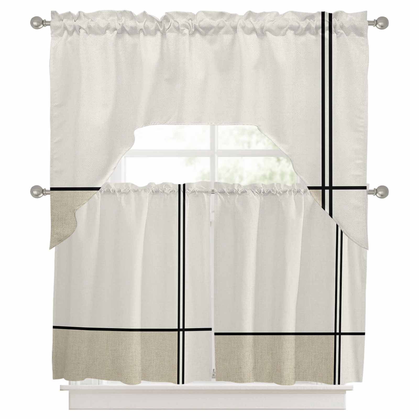 3 Pieces Swag Kitchen Curtains Set, Beige Geometric Valance Swag ...