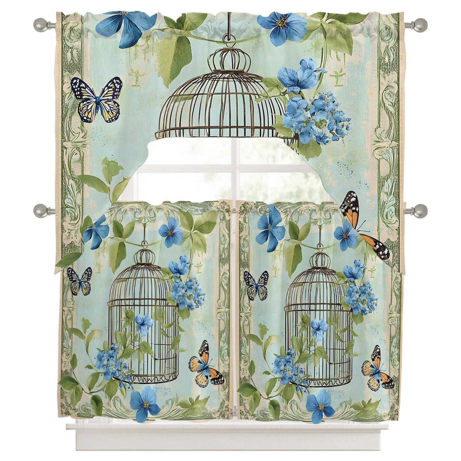 3 Pieces Swag Kitchen Curtains Set, Birds Cage Valance Swag & Small ...