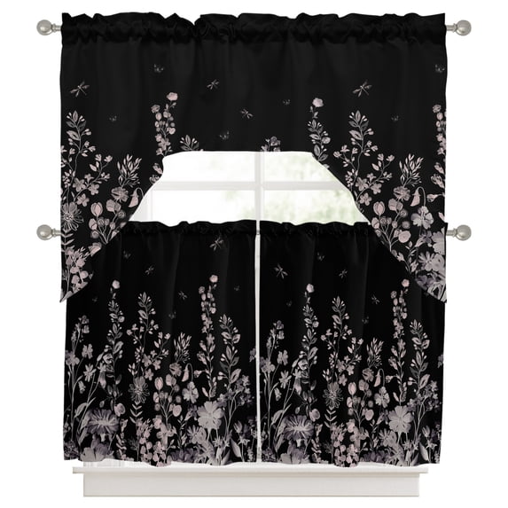 3 Pieces Swag Kitchen Curtains Set, Black Botanical Valance Swag ...