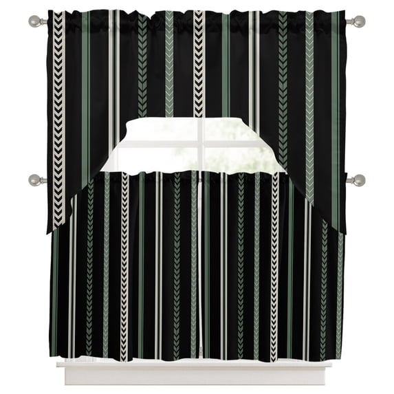 3 Pieces Swag Kitchen Curtains Set, Black Green White Valance Swag ...