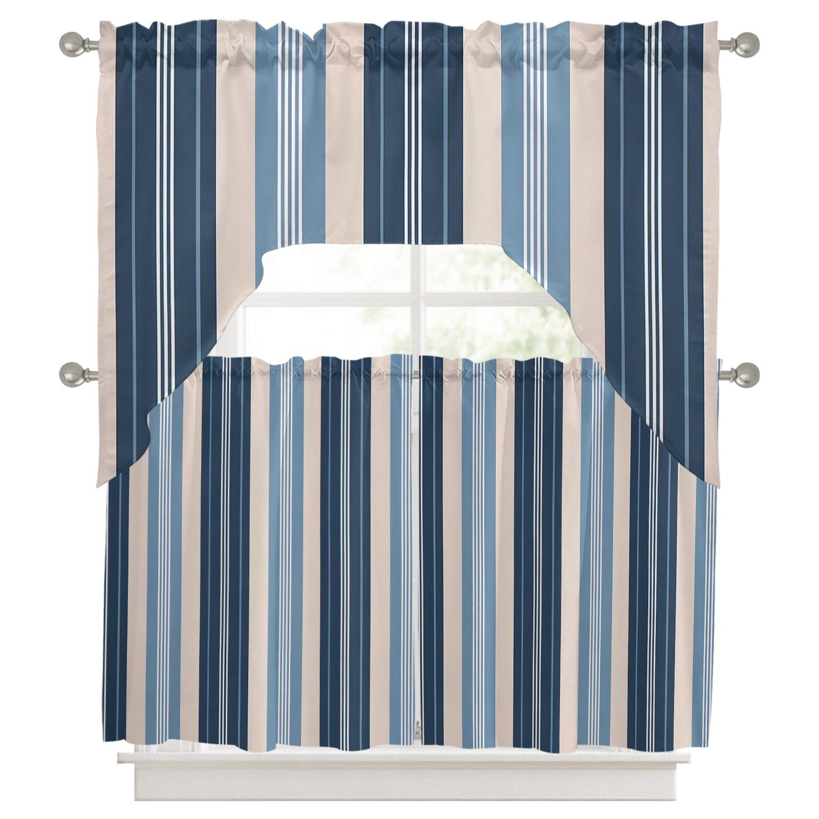 3 Pieces Swag Kitchen Curtains Set, Blue Beige Striped Valance Swag ...